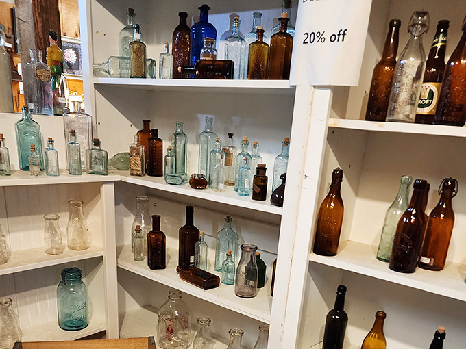 Antique bottles in every shade tell stories of medicines, sodas, and potions from when packaging was an art form.
