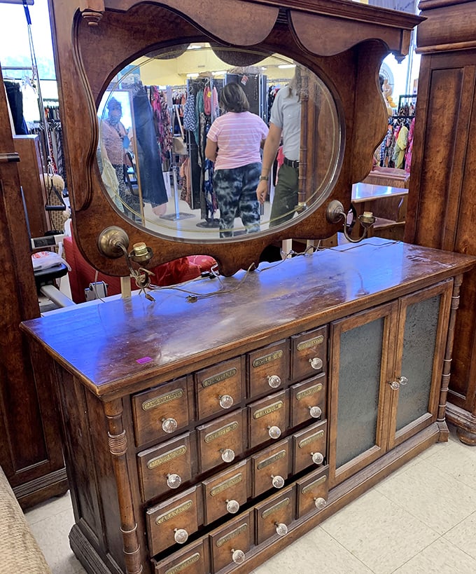 This vintage dresser with its elegant mirror isn't just furniture; it's a time machine to morning routines of a bygone era.