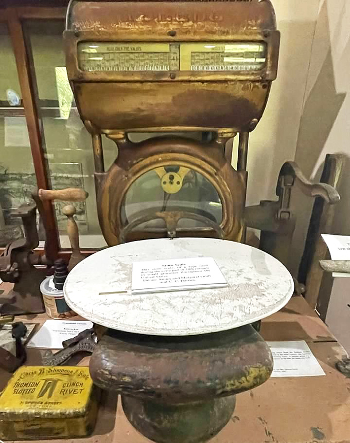 Museum artifacts tell Elsah's story through everyday objects. That scale probably weighed goods when "going viral" meant catching a cold. 