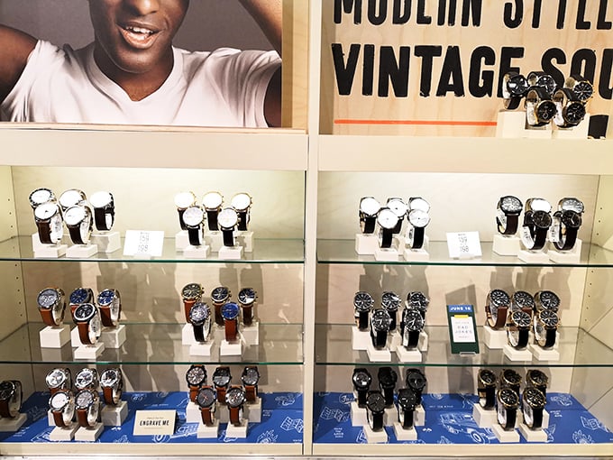 Timepieces gleam behind glass like tiny mechanical marvels, offering sophisticated style for every wrist and budget.