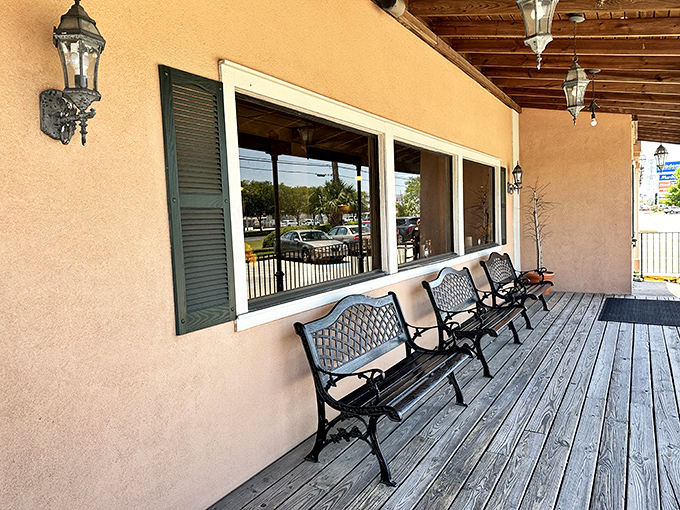 The front porch where anticipation builds and post-meal food comas begin. Those benches have witnessed countless "I'm so full" declarations.