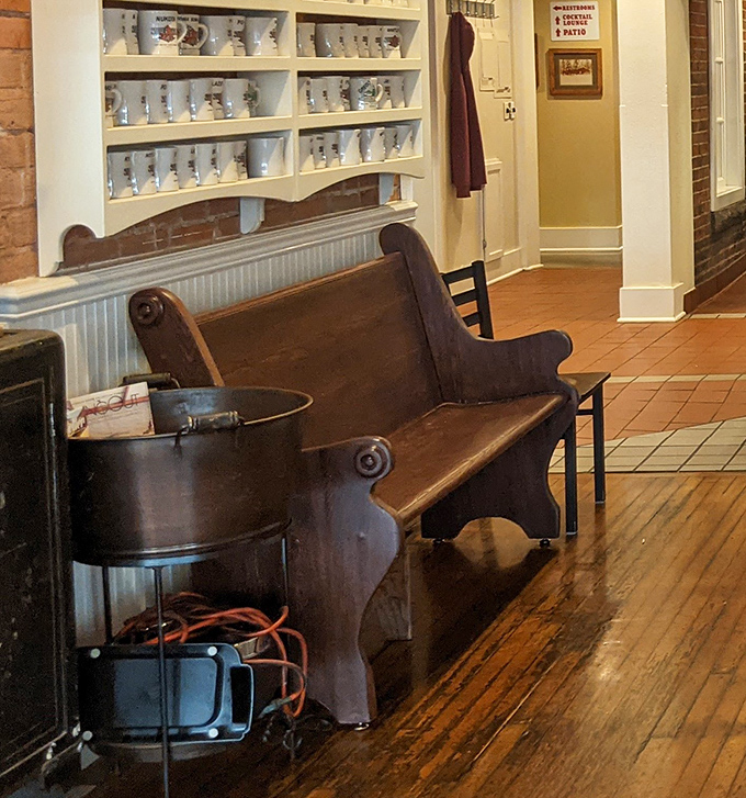 The waiting area features a church pew, because waiting for these cinnamon rolls is indeed a religious experience worth contemplating.