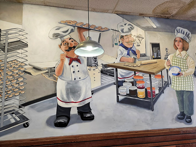 Even the wall art celebrates the art of baking. These painted chefs might be two-dimensional, but the flavors they represent are anything but flat.