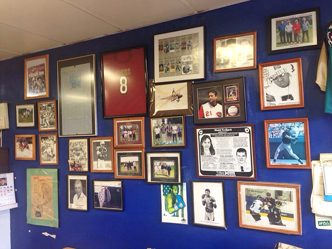 Every frame tells a story on this wall of memories. The blue backdrop isn't just a color choice&mdash;it's the perfect canvas for decades of local sports history.