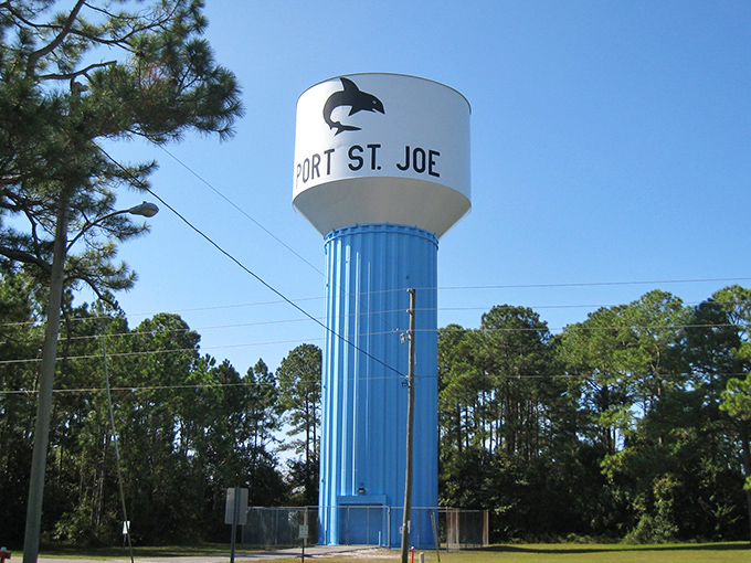 The town water tower announces your arrival with dolphin flair, standing tall against pine trees like the community's exclamation point: "You're here!"