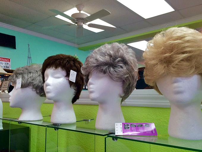 The wig selection offers instant personality transplants. Going blonde today, brunette tomorrow? At these prices, why not both?