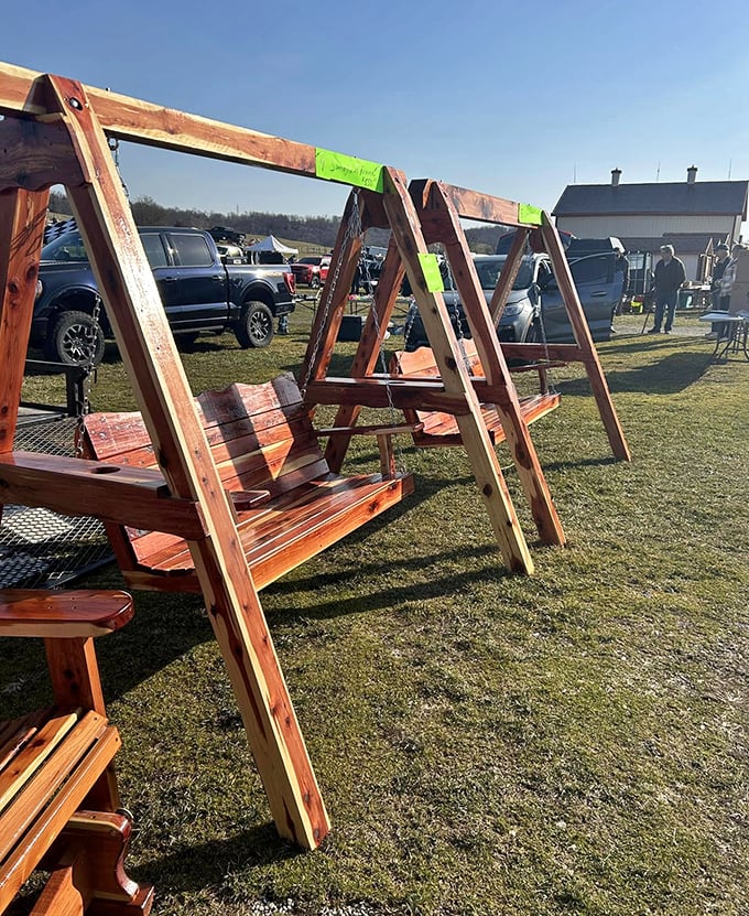 This handcrafted porch swing promises lazy afternoons and lemonade dreams for someone's front porch.