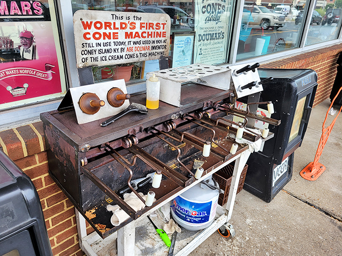 This isn't just any ice cream cone machine—it's the world's first, still rolling out waffle cones the way it did when Teddy Roosevelt was in office.