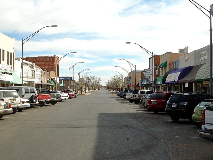 Downtown Alamogordo stretches into the distance, where locally-owned shops line wide streets under that famous New Mexico blue sky.