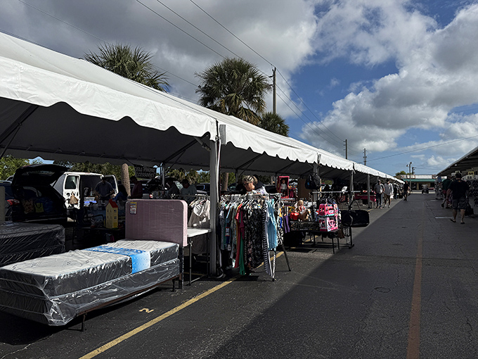 Canopy of deals! These white tents shelter an amazing array of items waiting for their perfect new home.