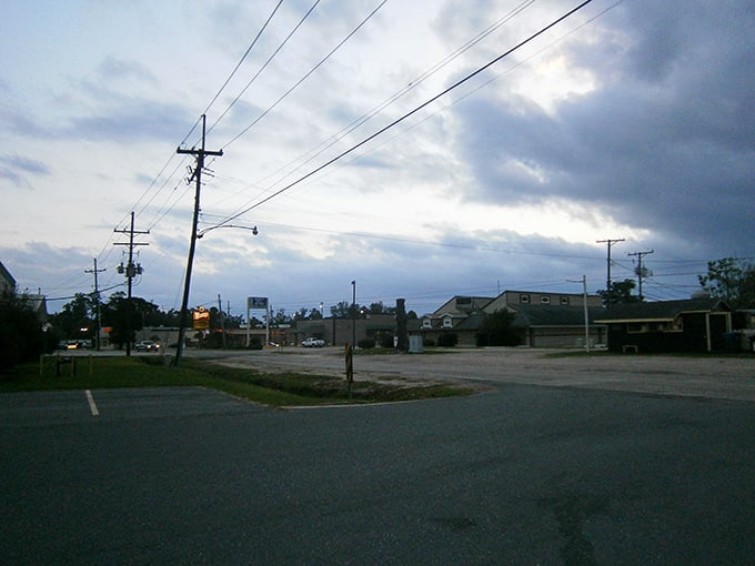 Dusk light settles over an unassuming commercial area, with power lines crisscrossing the overcast gray sky above the buildings and empty parking lot.