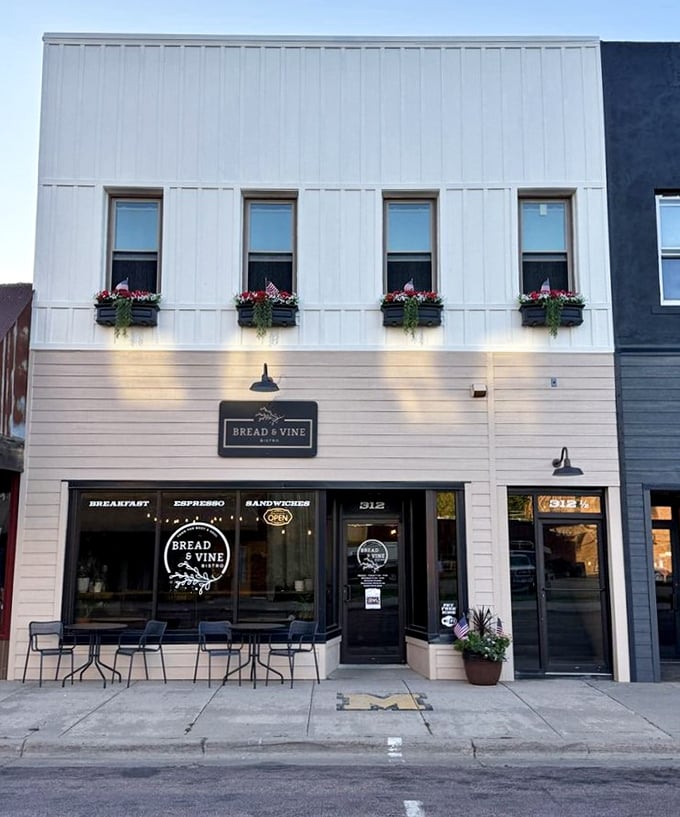 Crisp white facade with flower boxes straight out of a European daydream. Downtown Mitchell's slice of bistro heaven.