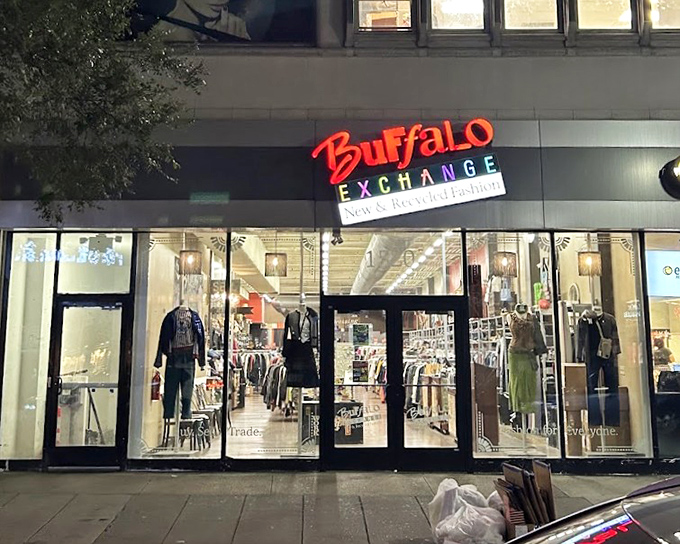 Buffalo Exchange's urban storefront glows with possibility, a fashionista's playground where vintage meets value.