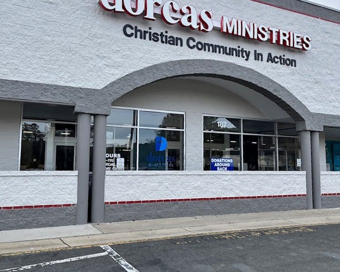 Dorcas Ministries' clean white facade houses a community-focused thrift operation where every purchase helps neighbors in need.