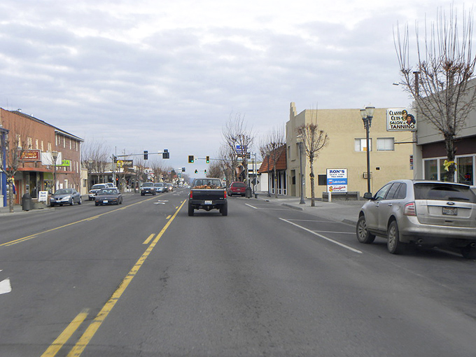 Ephrata's winter-bare trees frame its practical, affordable downtown. The kind of place where even the stoplights seem to move at a more relaxed pace!