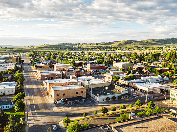 Evanston's downtown stretches toward distant hills, offering a perfect blend of convenience and natural beauty.