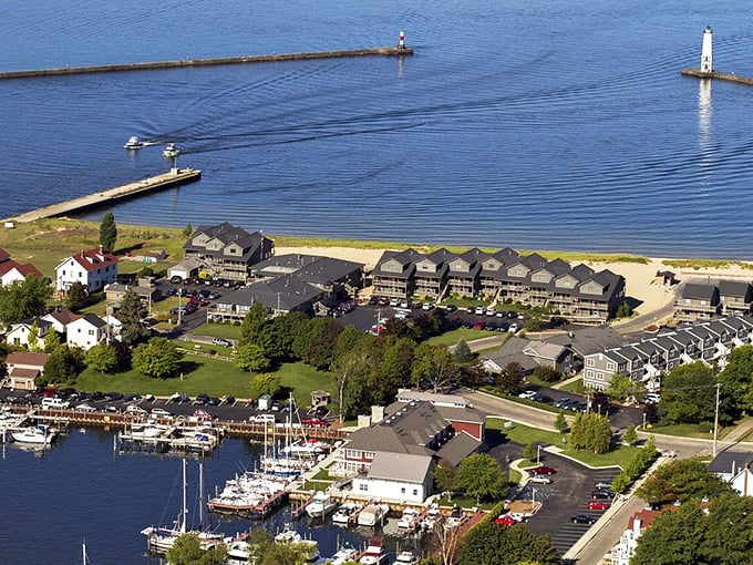 Aerial view of Frankfort's harbor &ndash; where boats find shelter and retirees find affordable waterfront living. Paradise without the premium.