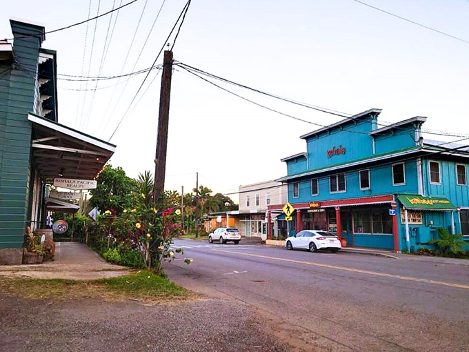 Hawi's vibrant buildings pop against the blue sky, creating a rainbow of retail therapy opportunities without big-city price tags.