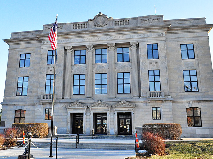 The stately Brown County Courthouse in Hiawatha stands proud in a community where affordable living stands equally tall.
