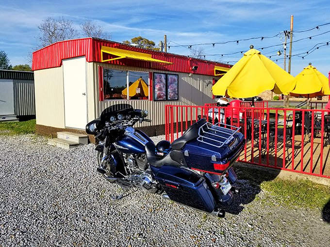 A motorcycle parked outside Hot Tamale Heaven &ndash; because even road warriors know where to find the Delta's best portable feast.