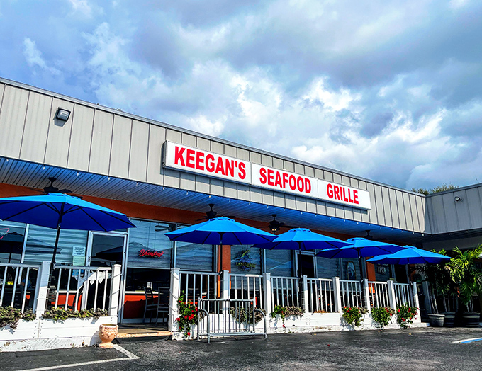 Keegan's traditional seafood grille exterior promises reliable grouper sandwiches served with neighborhood restaurant warmth.