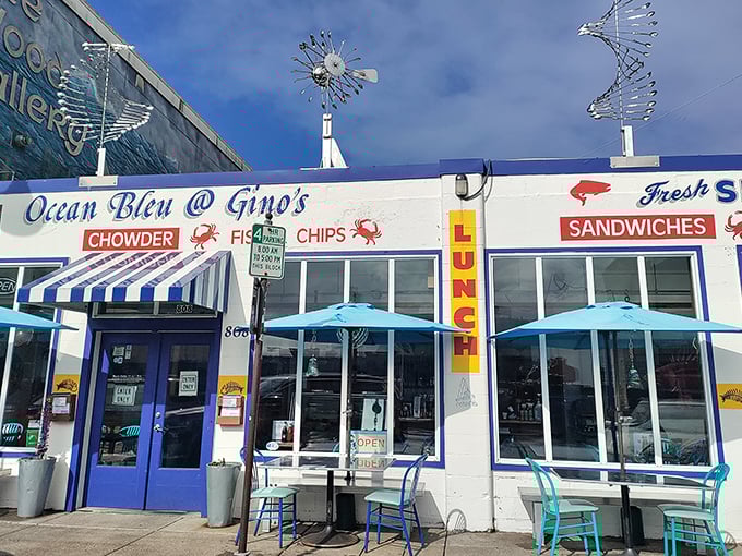 Ocean Bleu's whimsical wind sculptures spin above this white-washed seafood spot. Where artistic flair meets fresh-caught fare!