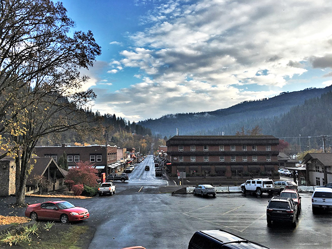 Orofino's downtown sits nestled between forested hills, where morning mist creates a magical, otherworldly scene.