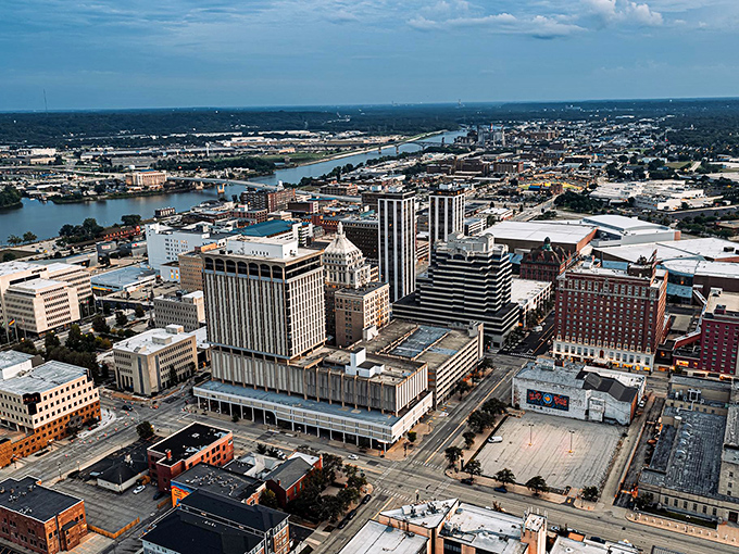 Peoria's skyline reflects in the river like a postcard from the heartland of America.