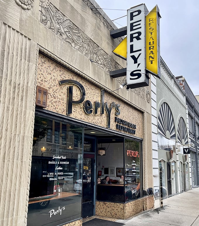 The art deco tile work and bold signage announce this isn't just breakfast—it's a delicious trip back to better times.