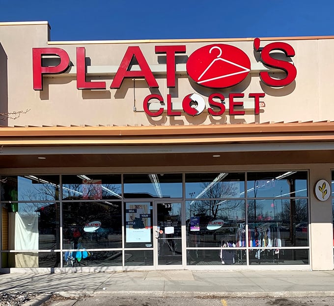 Plato's Closet's bold red sign promises fashion without financial regret. Even the storefront looks trendy.