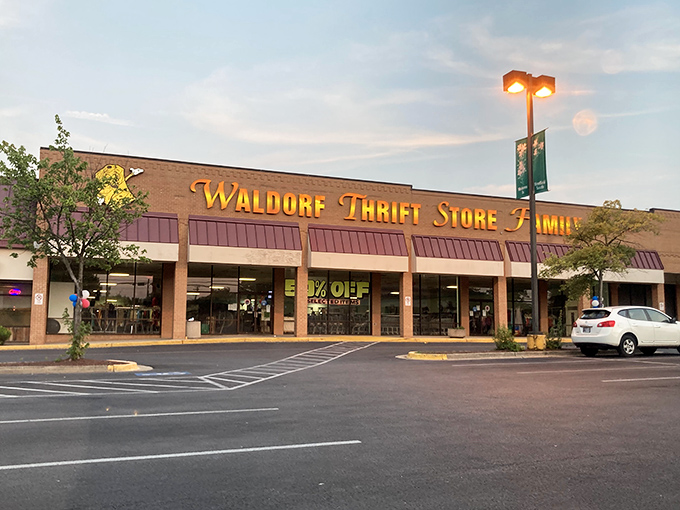 Prime Thrift's warm brick facade and bright signage offer a friendly hello to bargain hunters in Waldorf. No secret handshake required.