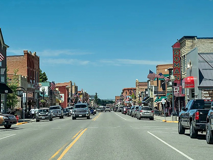 Historic brick buildings line Red Lodge's welcoming downtown, where mountain town charm meets outdoor adventure opportunities.