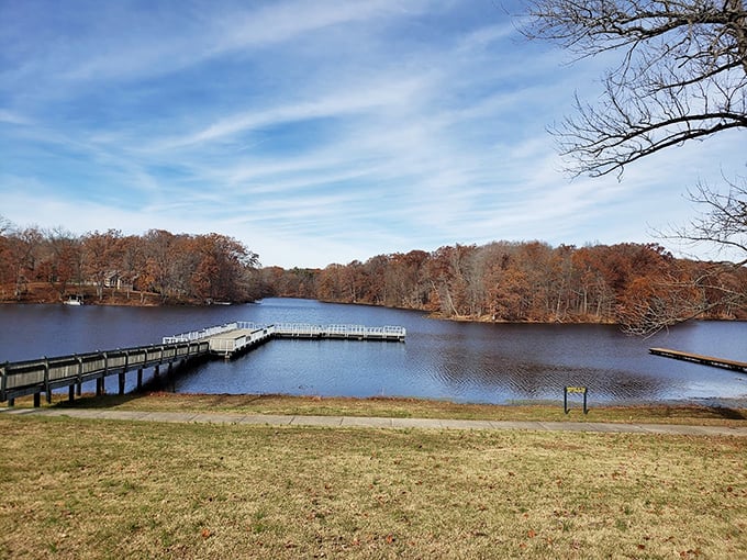 Shakamak's autumn shoreline explodes with color like Mother Nature's fireworks display that lasts for weeks, not minutes.