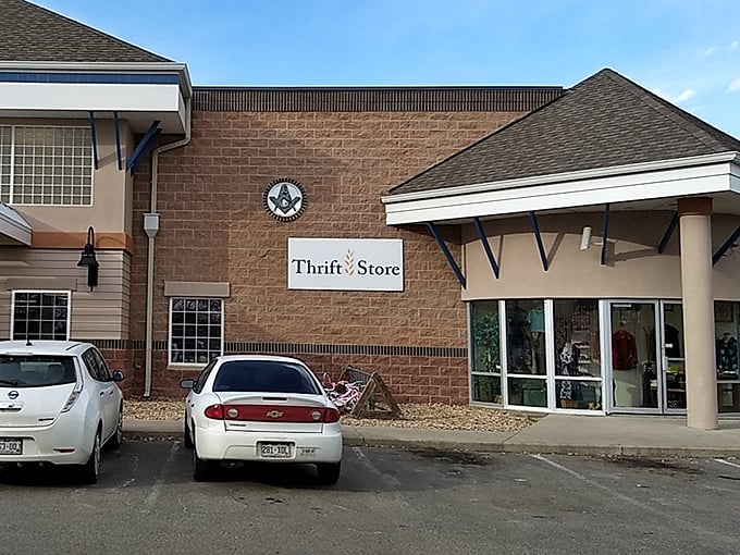 The Masonic symbol adds intrigue to this community-focused thrift store. History and bargains under one distinctive roof.