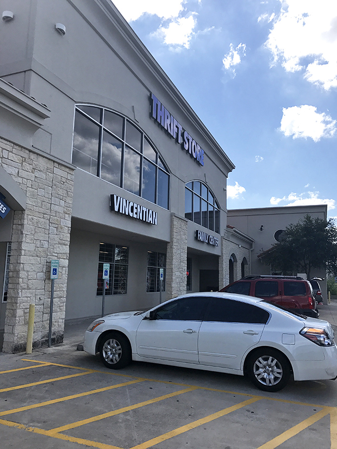 This stone and glass combination creates an upscale thrift experience that feels almost too fancy.