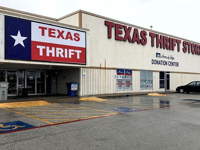 The Texas flag proudly announces this thrift store's Lone Star heritage before you even step inside.