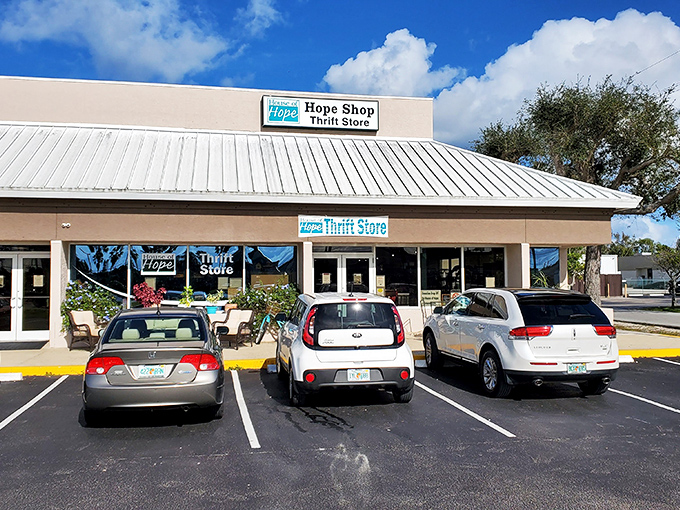 Hope Shop's cheerful blue signage offers a promise: shopping here feeds both your home and your soul.