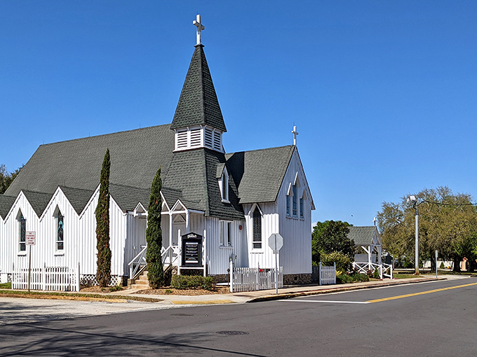 This charming white church in Titusville represents the community connections that enrich small-town Florida living beyond the budget benefits.