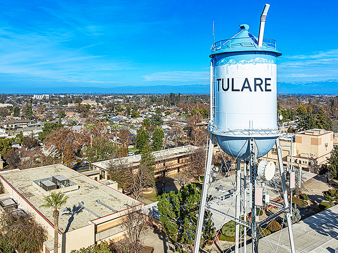 Tulare's blue water tower rises above the city like an exclamation point, visible for miles across the flat Central Valley landscape.