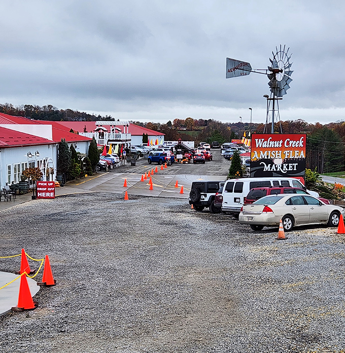 The iconic windmill welcomes visitors to Walnut Creek Marketplace, where Amish craftsmanship meets modern commerce.