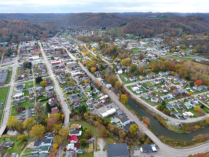 Weston’s colorful charm shines from above, proving small towns can be both practical and delightfully photogenic.
