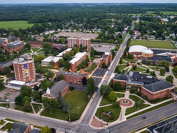 Tree-lined campus meets affordable neighborhoods in this bird's-eye view of budget-friendly living paradise.