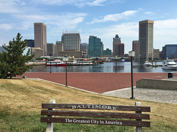 "The Greatest City in America" proclaims this harborfront bench, and with that spectacular skyline, who could argue?