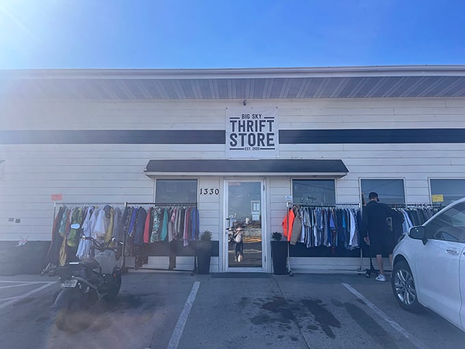 The classic thrift store setup where hunting for bargains becomes an unexpectedly enjoyable adventure.