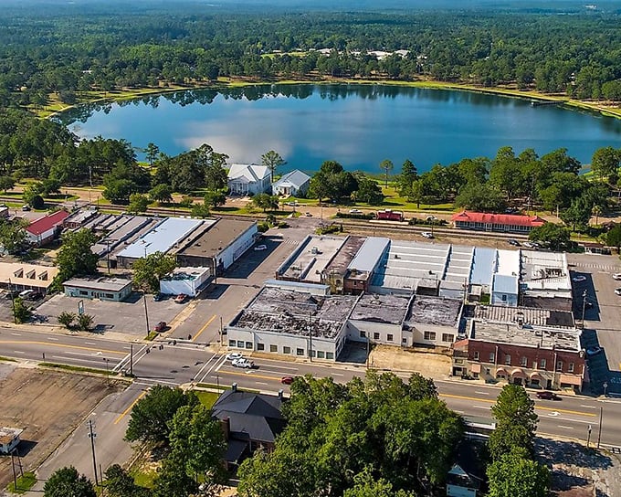 The aerial view of DeFuniak Springs reveals its famous circular lake surrounded by a town that values its history as much as its future.