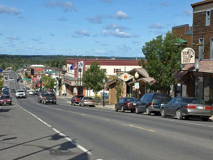 The State Theater's classic marquee lights up Ely's evening sky, bringing a touch of vintage glamour to this gateway to the Boundary Waters.