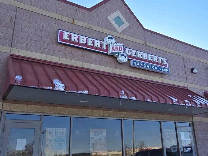 The distinctive diamond logo of Erbert and Gerbert's marks the spot where sandwich innovation meets whimsical naming conventions.