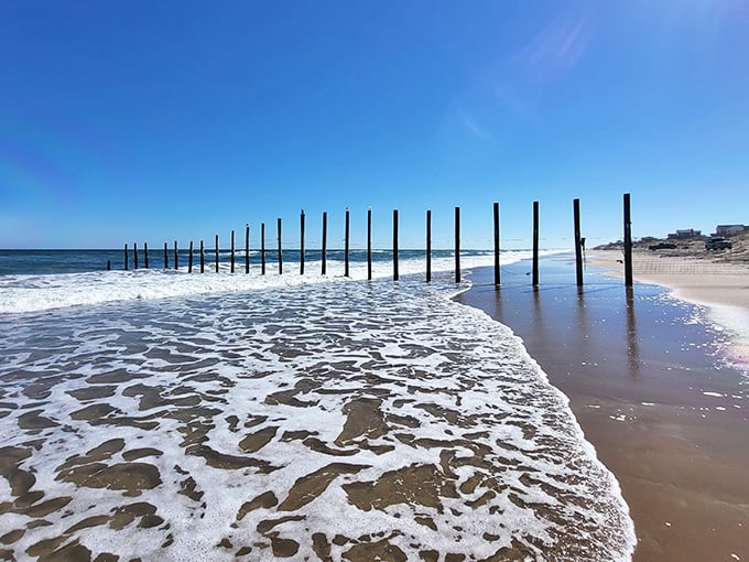 Ocean's rhythm section! These weathered posts conduct the waves like a seaside symphony.