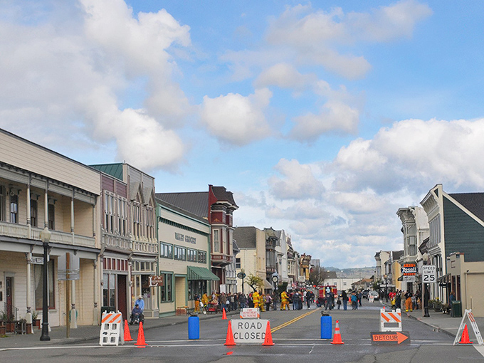 The main street of Ferndale looks frozen in time, with ornate Victorian buildings housing modern businesses in century-old splendor.
