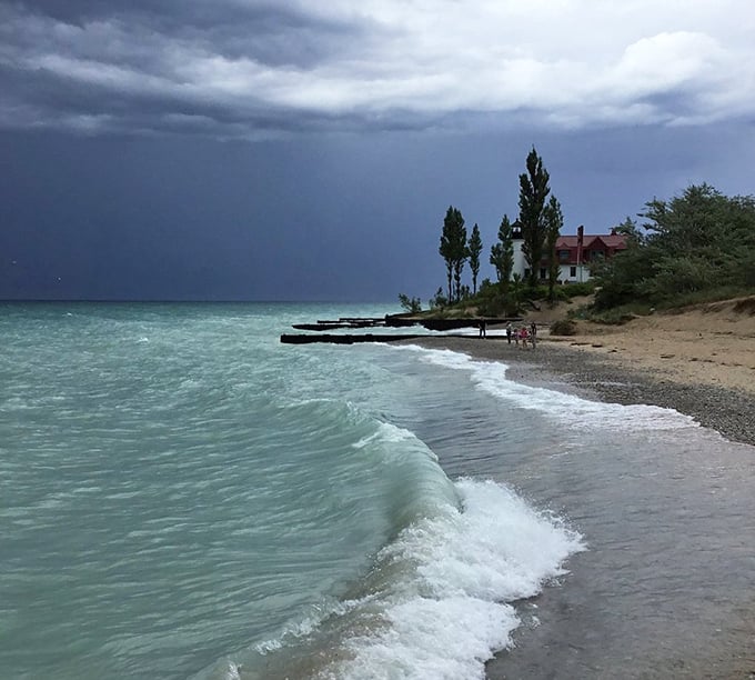 Frankfort's beach &ndash; where turquoise waters meet golden sand. Lake Michigan living that works with your Social Security budget.